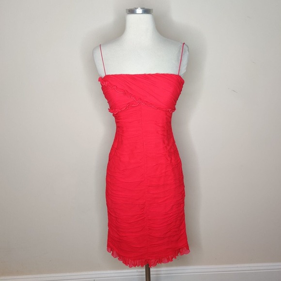 Cache | Dresses | Cache Red Silk Dress Spaghetti Straps Ruched Ruffled ...